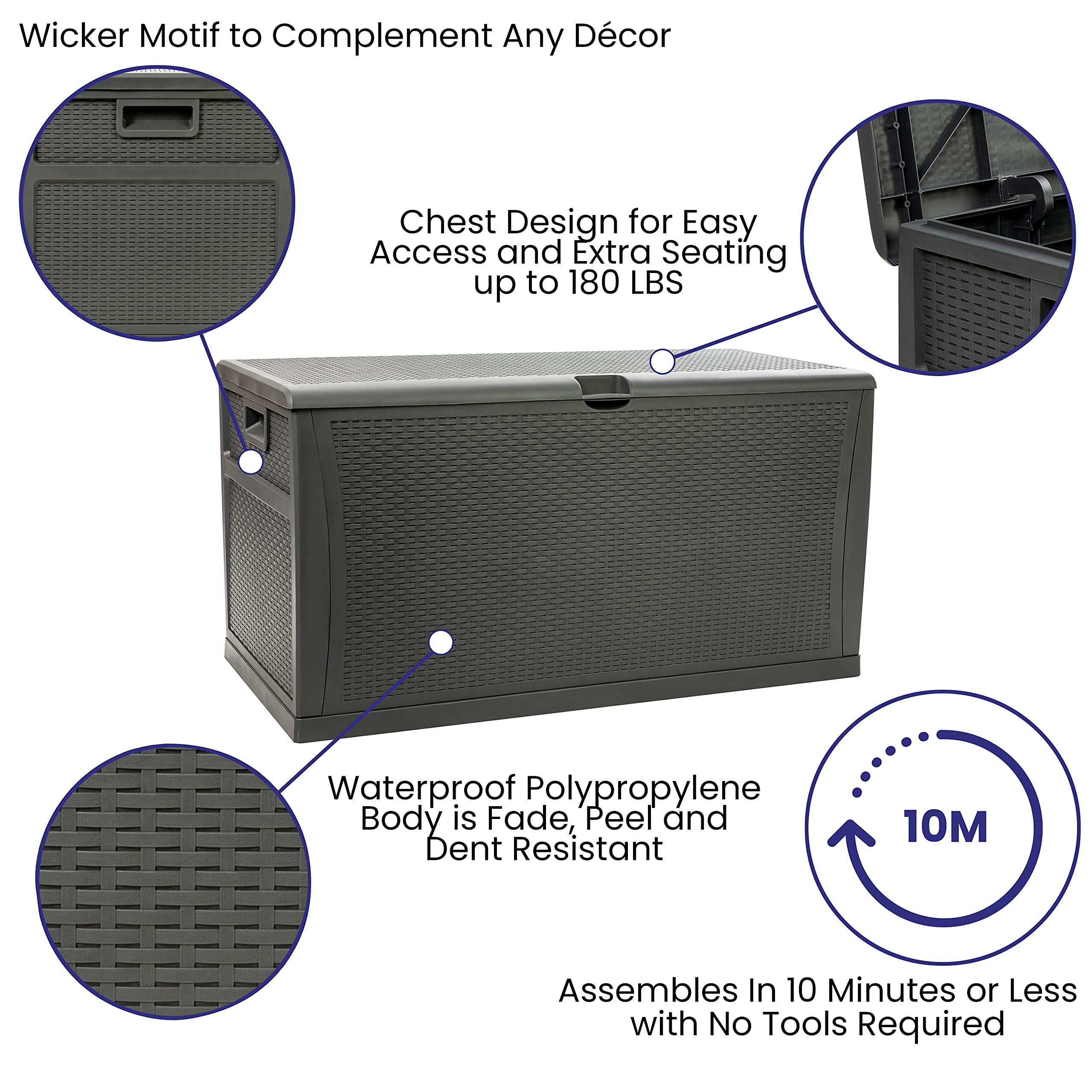 Flash Furniture 120 Gallon Plastic Deck Box - All-Weather Patio Storage and Organization for Throw Pillows, Pool Toys or Garden Tools