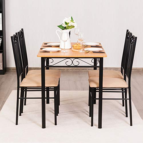 Tangkula 5 Piece Dining Table Set, Vintage Wood Top Padded Seat Dining Table and Chairs Set, Home Kitchen Dining Room Furniture