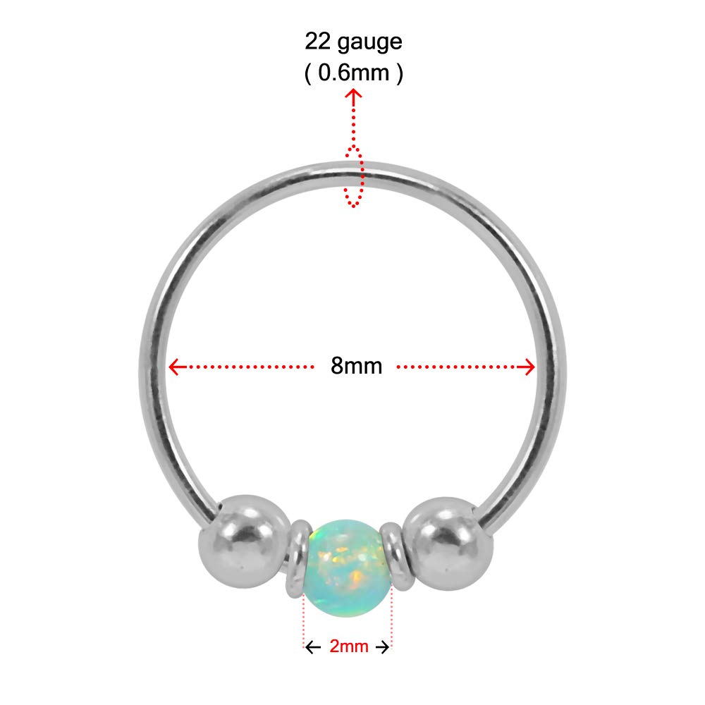 AtoZ Piercing Aurora Borealis Opal Stone Center and Silver Bead Ring 22 Gauge (0.6MM) - 8mm Diameter 925 Sterling Silver Open Hoop Nose Ring Jewelry
