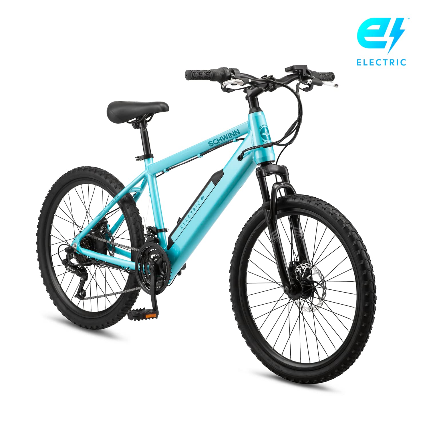 Schwinn Healy Ridge Youth Electric Mountain Bike, 18-Speed Drivetrain, 14-Inch Alloy Frame, 24-Inch Wheels, Mint