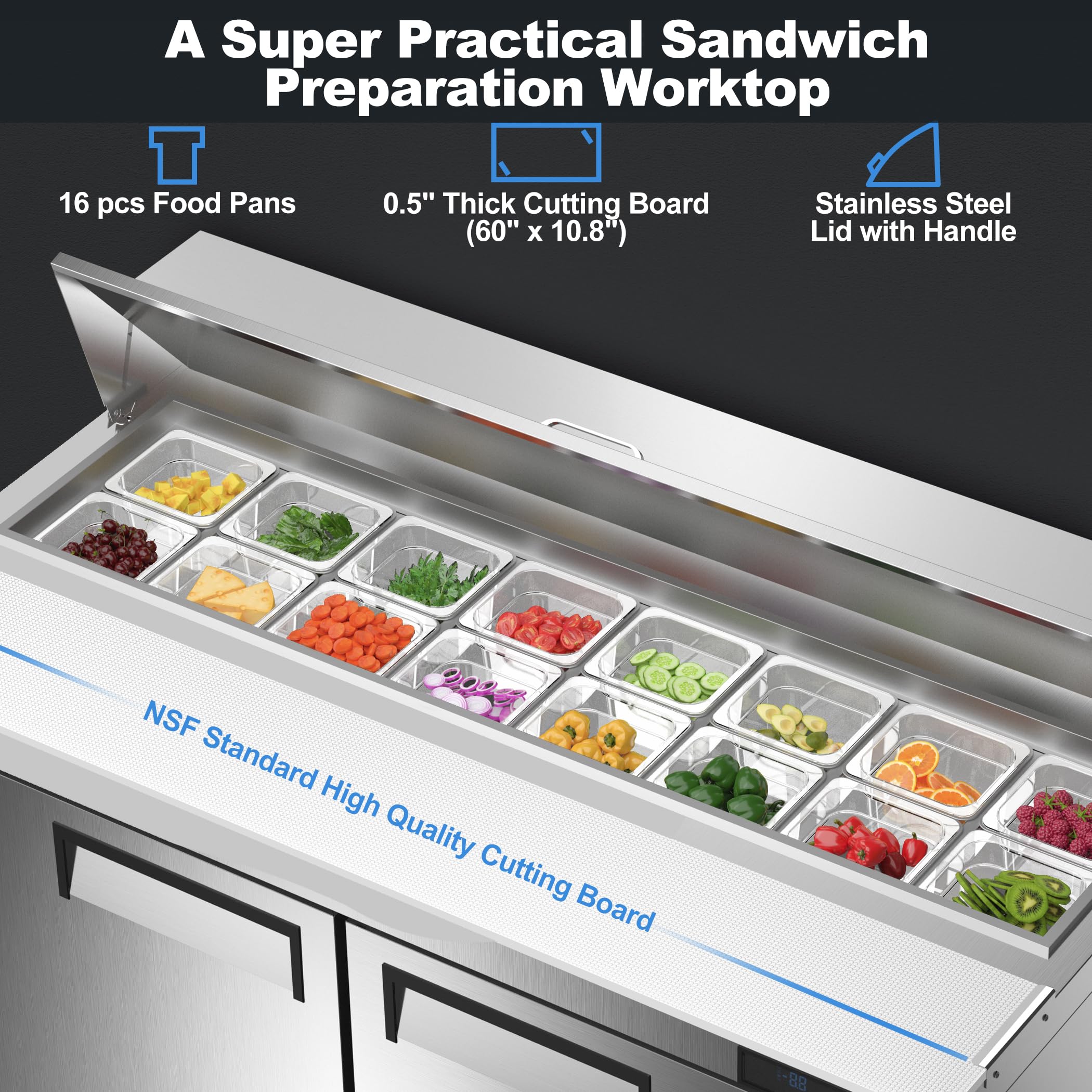 Coolski 60ββ W 2 Door Commercial Refrigerator, Refrigerated Sandwich Salad Prep Table with 16 Pans/Mega Top/Cutting Board, 18 Cu.Ft. Large Capacity Stainless Steel ETL NSF Approved
