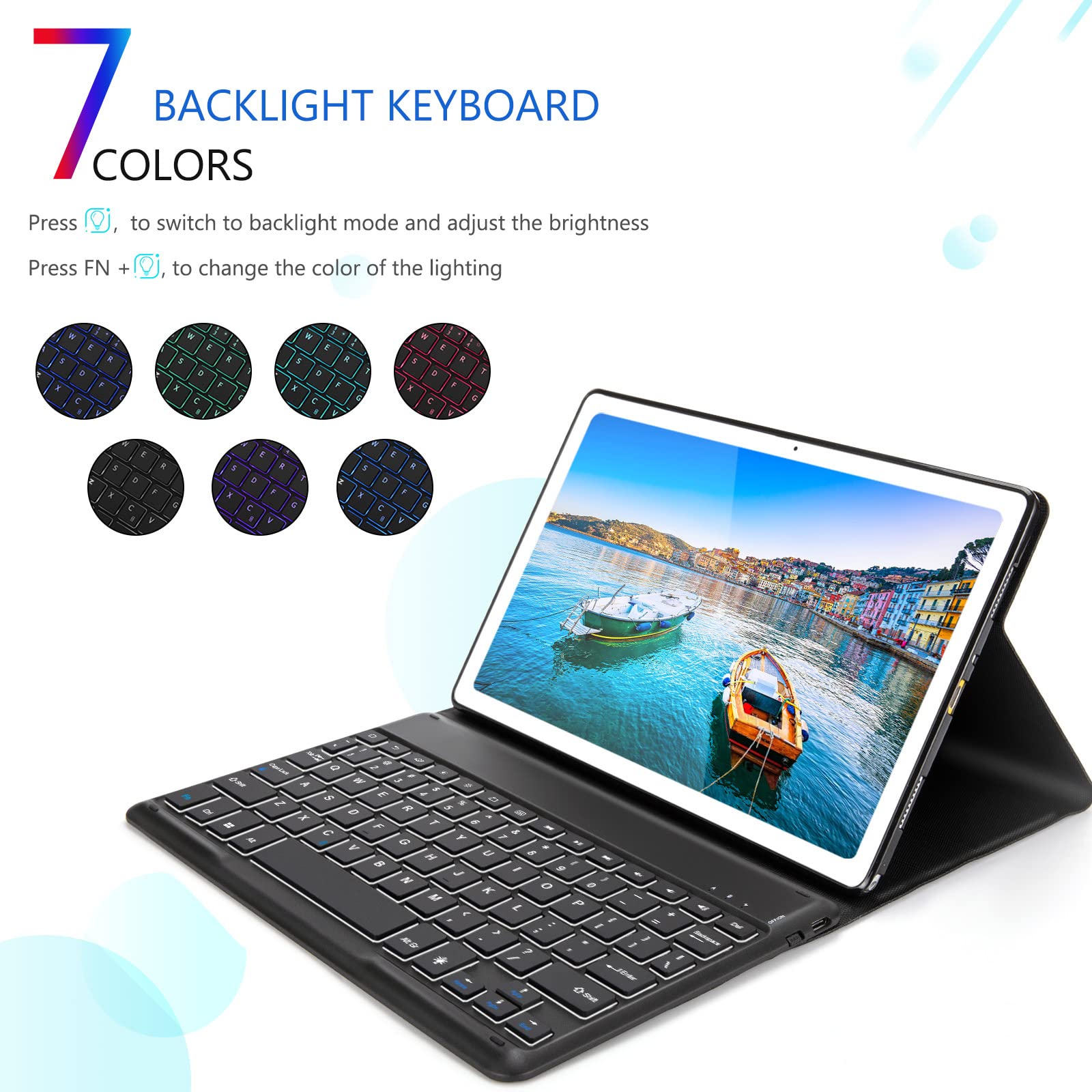 Backlit Keyboard Case for Samsung Galaxy Tab A7 10.4 Inch T505 / T500 / T507, Protective Cover with Bluetooth Removable QWERTY Illuminated Keyboard, 7 Color Backlight, Black
