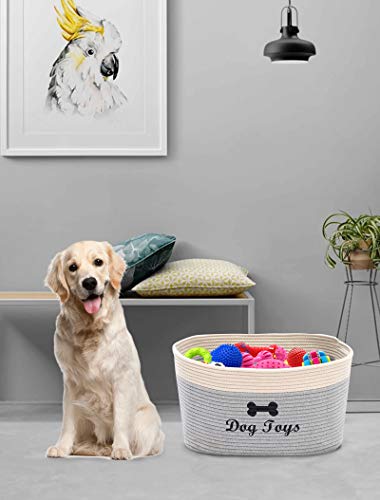 Xbopetda Dog Toy Basket, Cotton Rope Storage Basket, Laundry Basket Storage Bin Pet Toy Organizer Box - Perfect for Holding Pet Clothes/Blankets/Treats-Gray/White