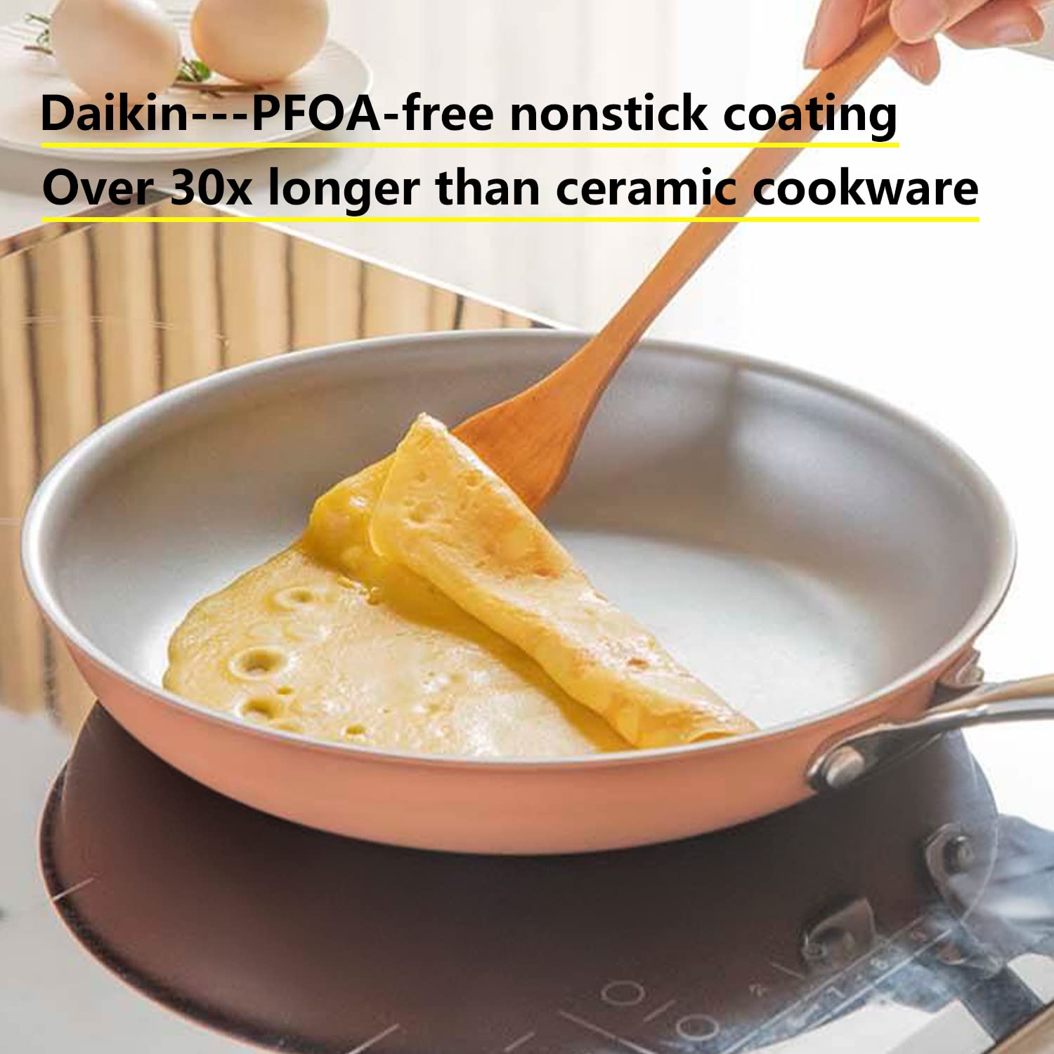 Zivicook Healthy Coating Nonstick 10 Piece Tri-ply Stainless Steel Cookware Pots and Pans Set, Stay-Cool Handle, PFOA-Free, Dishwasher Safe, Oven Safe(Peach)