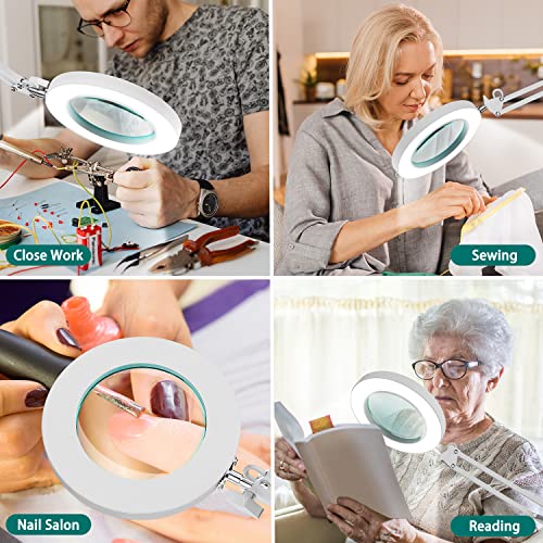 YOUKOYI LED Magnifying Lamp Metal Swing Arm Magnifier Lamp -10 Levels Brightness, 3 Color Modes, 5X Magnification, 4.1" Diameter Glass Lens, Adjustable Industrial Clamp for Reading/Office/Work (White)