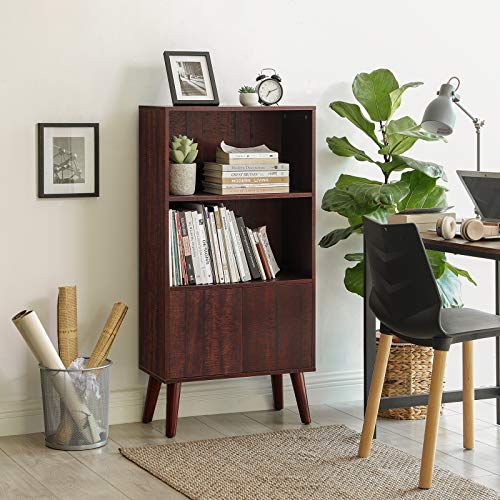 VASAGLE, Walnut Bookcase, 3-Tier Retro Bookshelf with Doors, Storage Cabinet for Books, Photos, Decorations in Living Room, Office, Study, Mid-Century Style, ULBC09BY