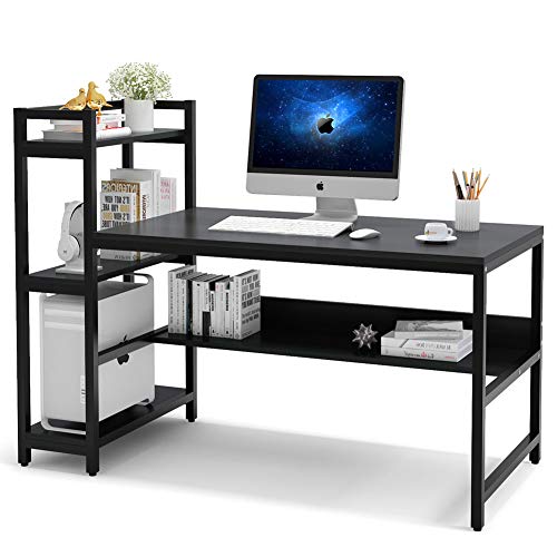 Tribesigns Computer Desk with 4-Tier Storage Shelves, 60 inch Modern Large Office Desk Computer Table Studying Writing Desk Workstation with Bookshelf and Tower Shelf for Home Office (Black)