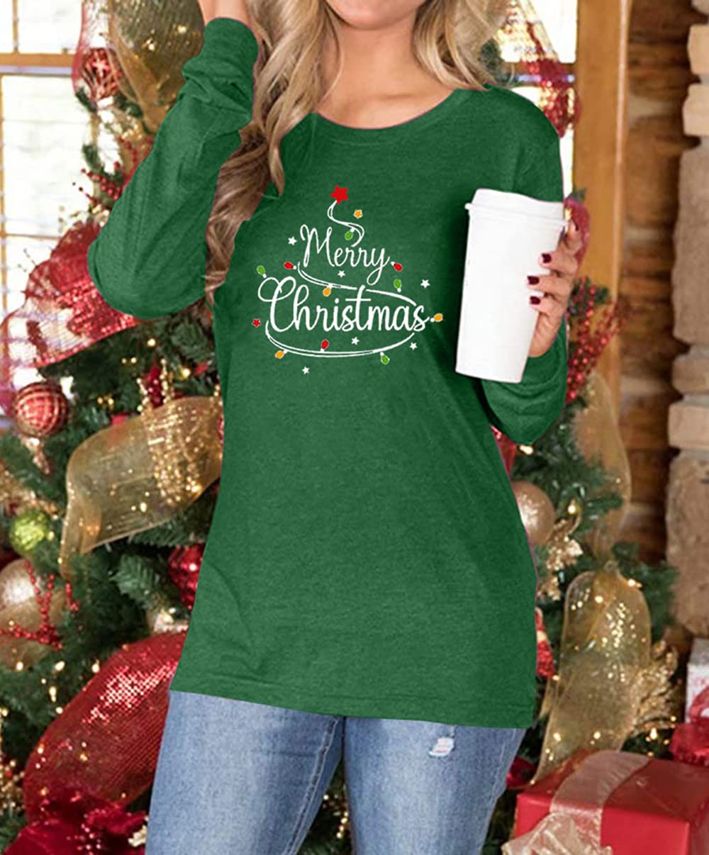 FASHGL Christmas Shirt Women Merry and Bright Pullover Christmas Lights Graphic T Shirts Xmas Long Sleeves Tops Green