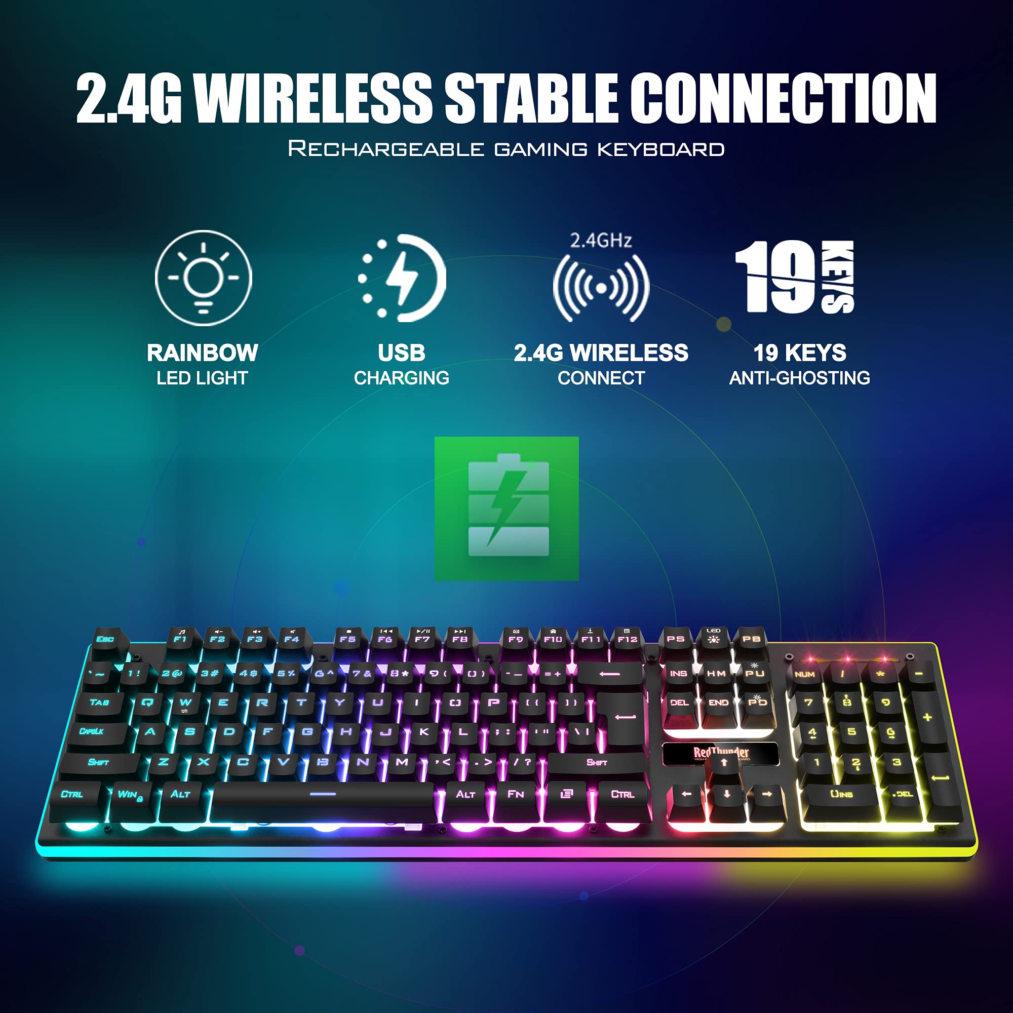 RedThunder K10 Wireless Gaming Keyboard, Rechargeable 3000mAh 2.4G LED Backlit Wireless Keyboard, Ergonomic Keyboard with Mechanical Feeling Keys for PC PS4 Xbox One Mac, Teclado Gamer, White