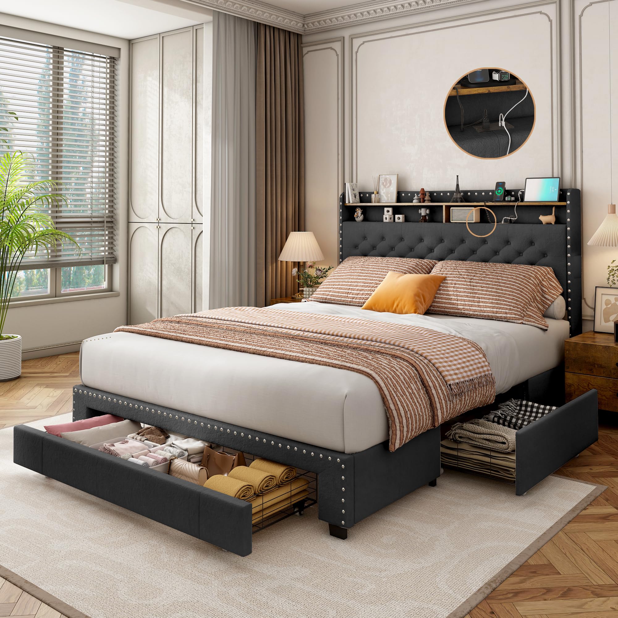 Neoriver Queen Size Bed Frame with 3 Drawers, 2-Tier Storage Headbord, Bed Frame with Storage, LED Lights and Charging Station, Upholstered Platform Bed Frame, Wood Slats Support (White, Queen)