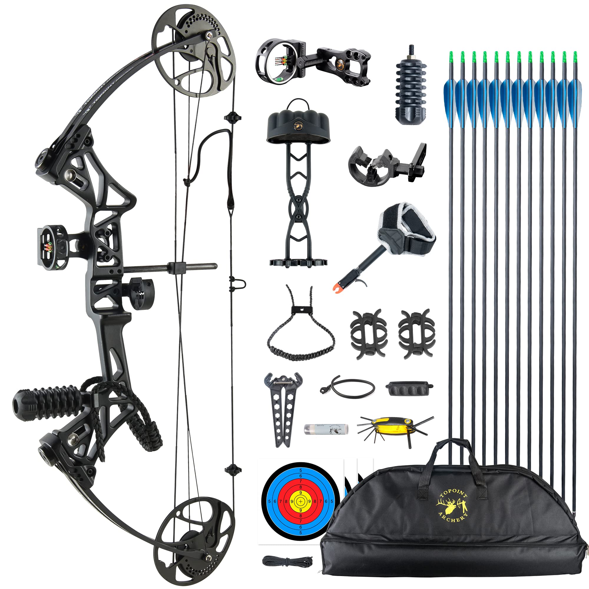 TOPOINT ARCHERY Compound Bow Package M1, 19”-30” Draw Length,19-70Lbs Draw Weight,320fps IBO,Gordon Composites Limbs,Limbs Made in USA (Black)
