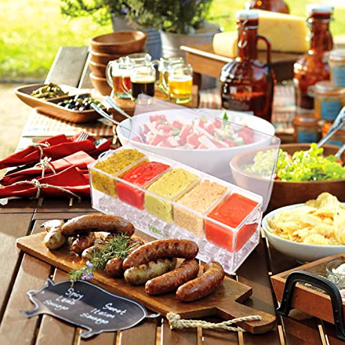 VEBO Ice Chilled 5 Compartment Condiment Server Caddy - Serving Tray Container with 5 Removable Dishes with over 2 Cup Capacity Each and Hinged Lid | 3 Serving Spoons + 3 Tongs Included