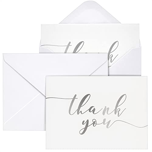 Sustainable Greetings 120 Pack Blank Thank You Cards with Envelopes, Silver Foil for Wedding, Bridal, Baby Shower, Graduation, Business (3.6 x 5 In)