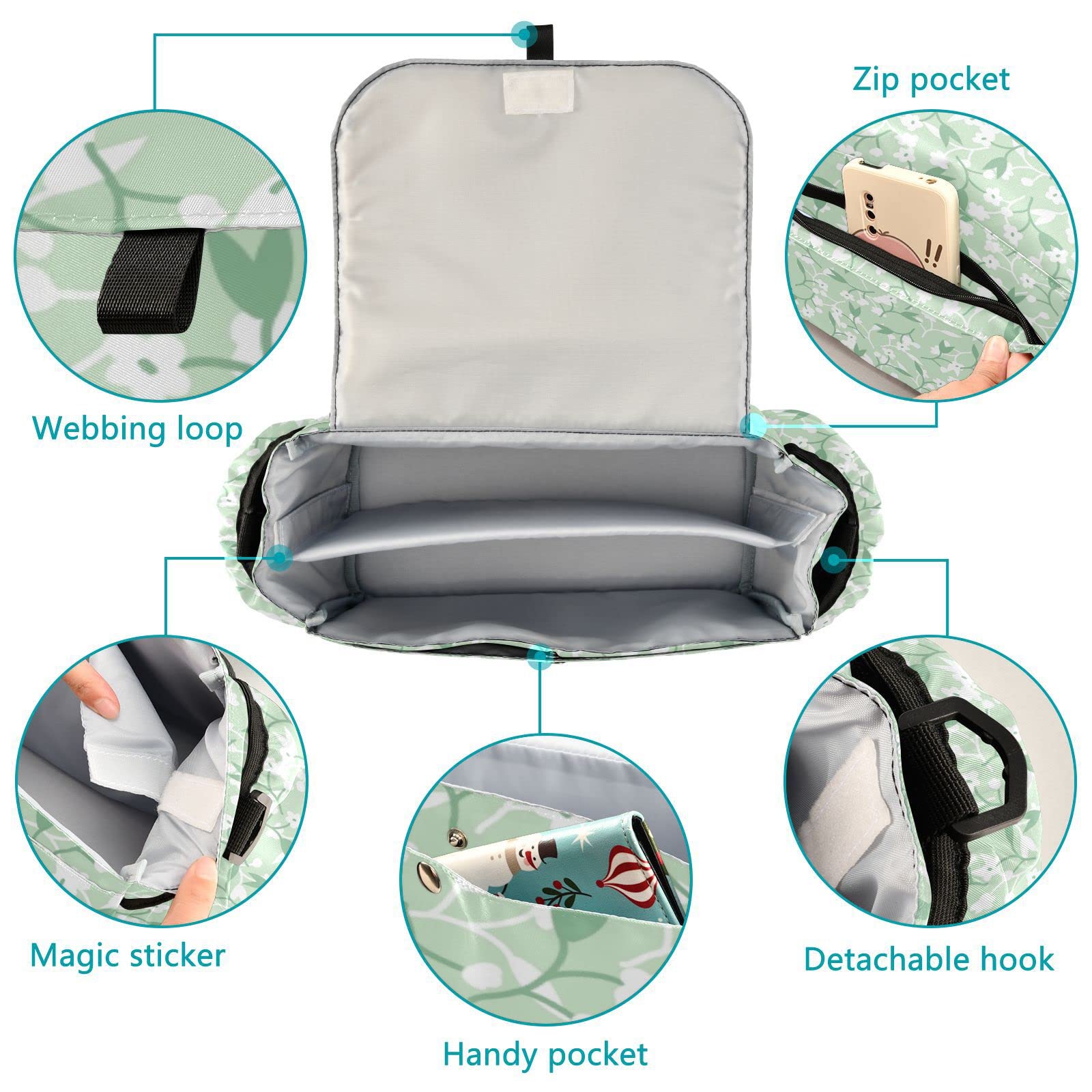 Kigai Small White Flowers Baby Stroller Organizer with Cup Holders, Secure Hooks Accessories Adjustable Strap Stroller Bag for Bottle, Diaper, Phone, Toys, Baby Items
