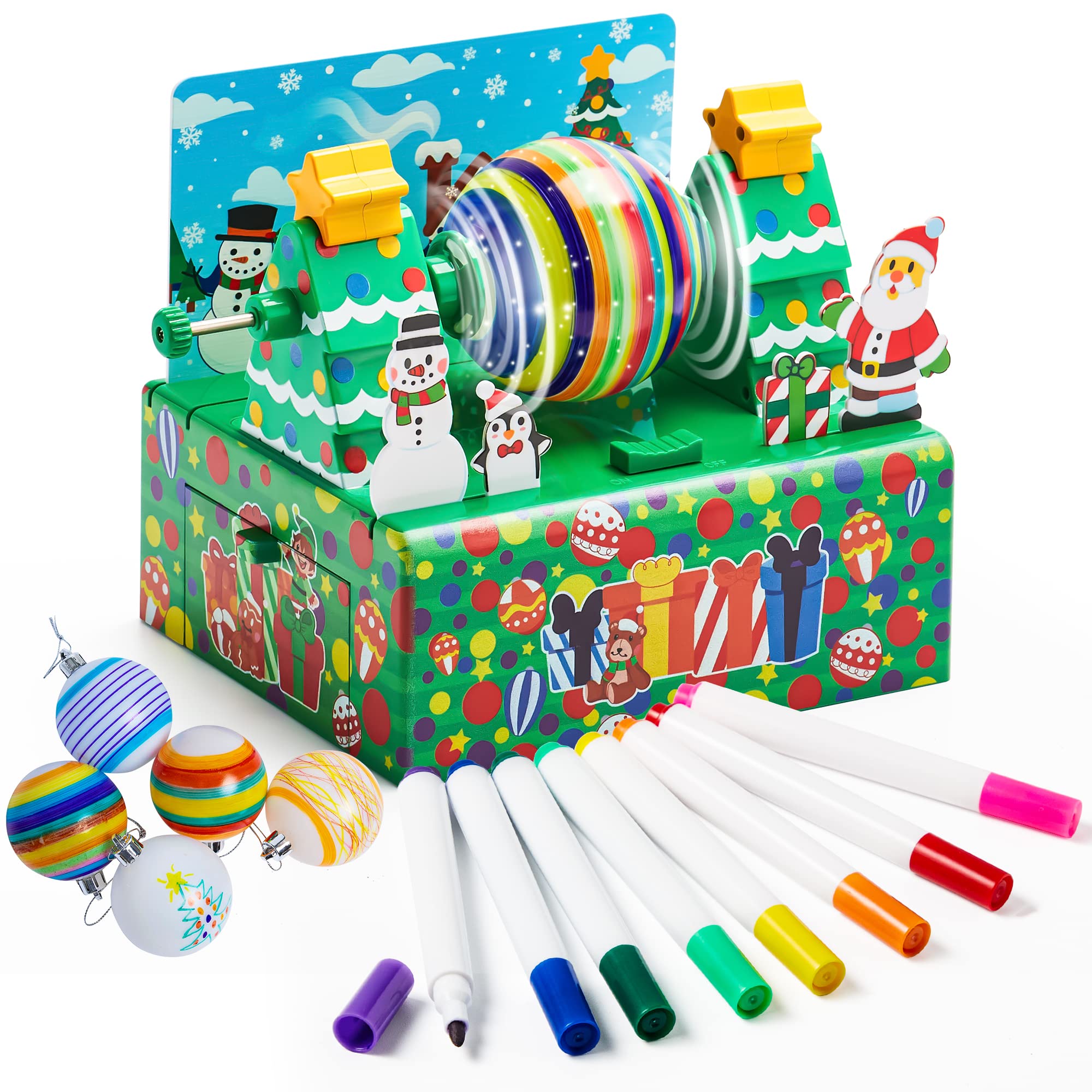 Klever Kits Christmas Ball Ornament Spinner Decorating Kit Christmas Tree Ornament Art & Craft DIY Ornament Spinner with 4 Balls and 8 Colorful Markers for Kids Christmas Tree Decor