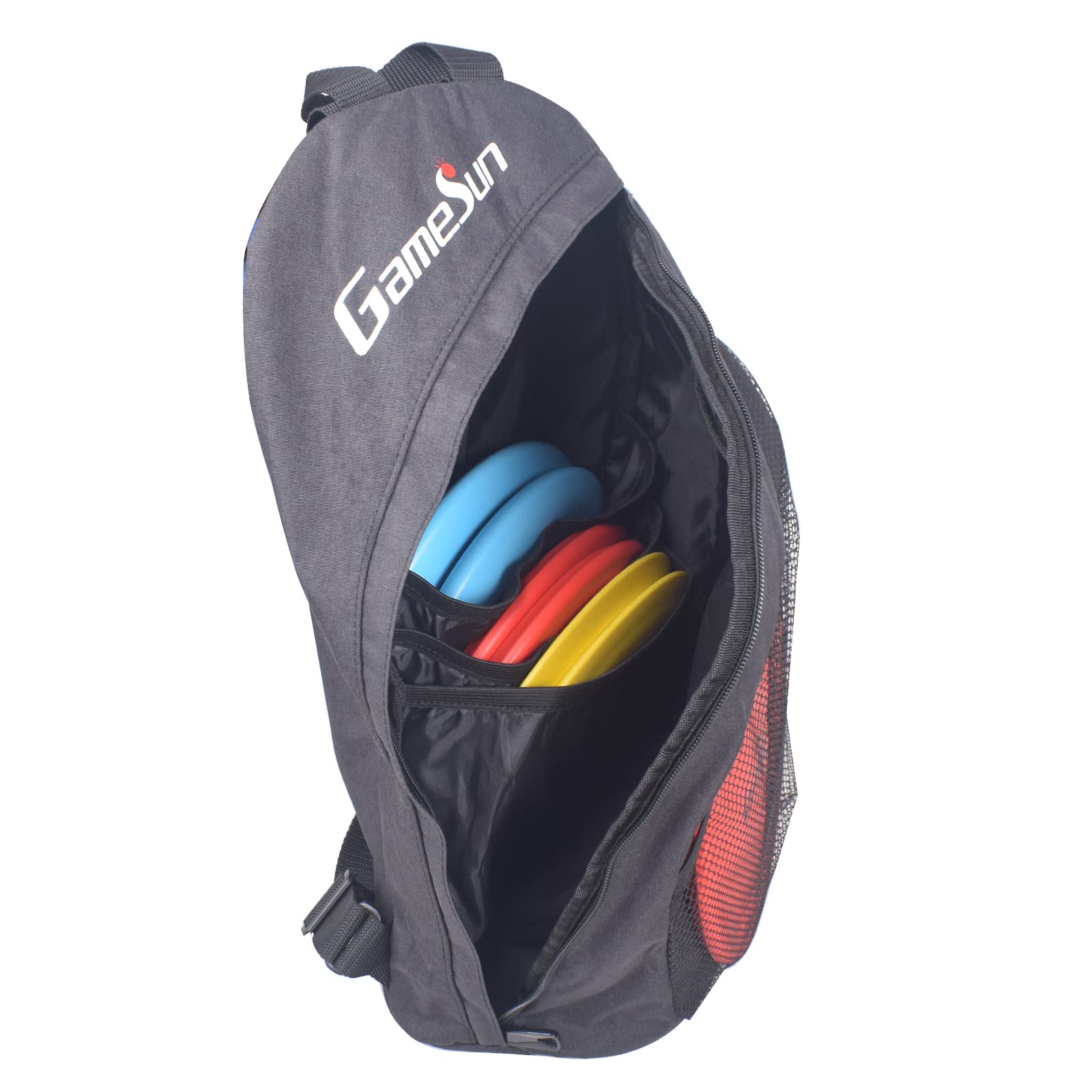 DISC GOLF SET 1pc backpack bag, 2pcs Drivers, 2pcs Mid-Ranges, 2pcs Putters, 1pc Mini Disc Marker, 1pc 12”x12” embroider logo black towel and 1pc gift color box