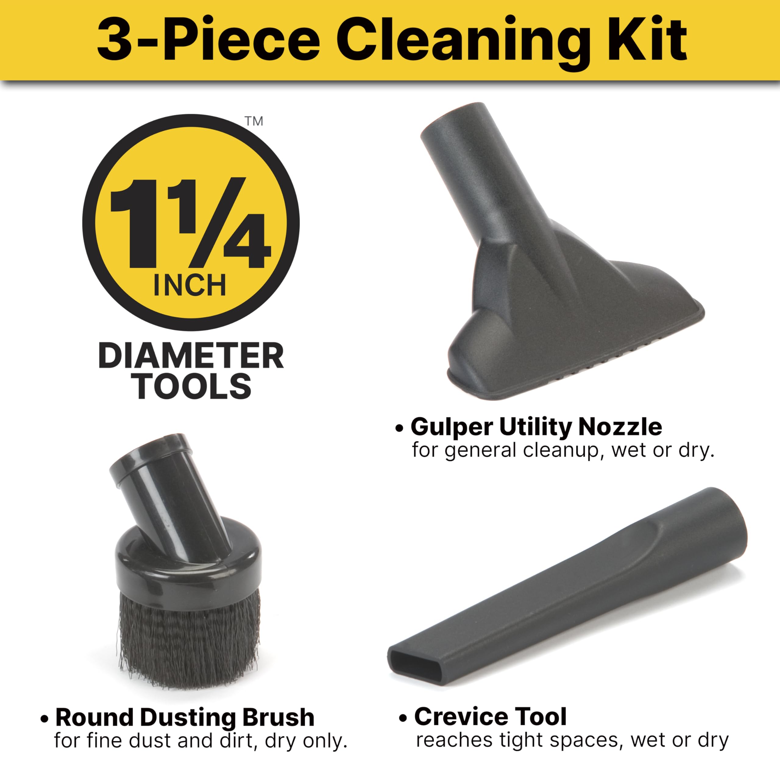 Shop-Vac 9064333 Cleaning Kit, 1.25 Inch Diameter, Includes Gulper Tool, Round Brush and Crevice Tool, (1 Pack)