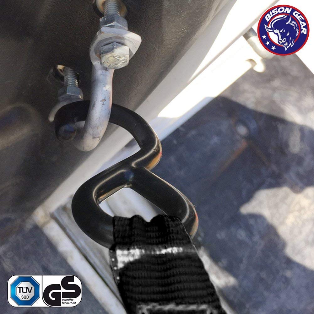 Ratchet Tie Down Straps 20ft 4 Pack by Bison Gear® UV Resistant 2200lb Heavy Duty Cargo Straps with Ergonomic Rubber Grips & Coated Deep S Hooks - Safety Standards Certified (Black)