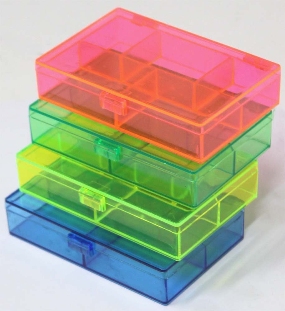 BIN BUDDY Set of 4 | Colored Transparent Plastic Boxes | 4.5" (11.4 cm) x 3" (7.6 cm) x 1" (2.5 cm) | Hinged Lids, 5 Internal Sections | For Crafts, Sewing
