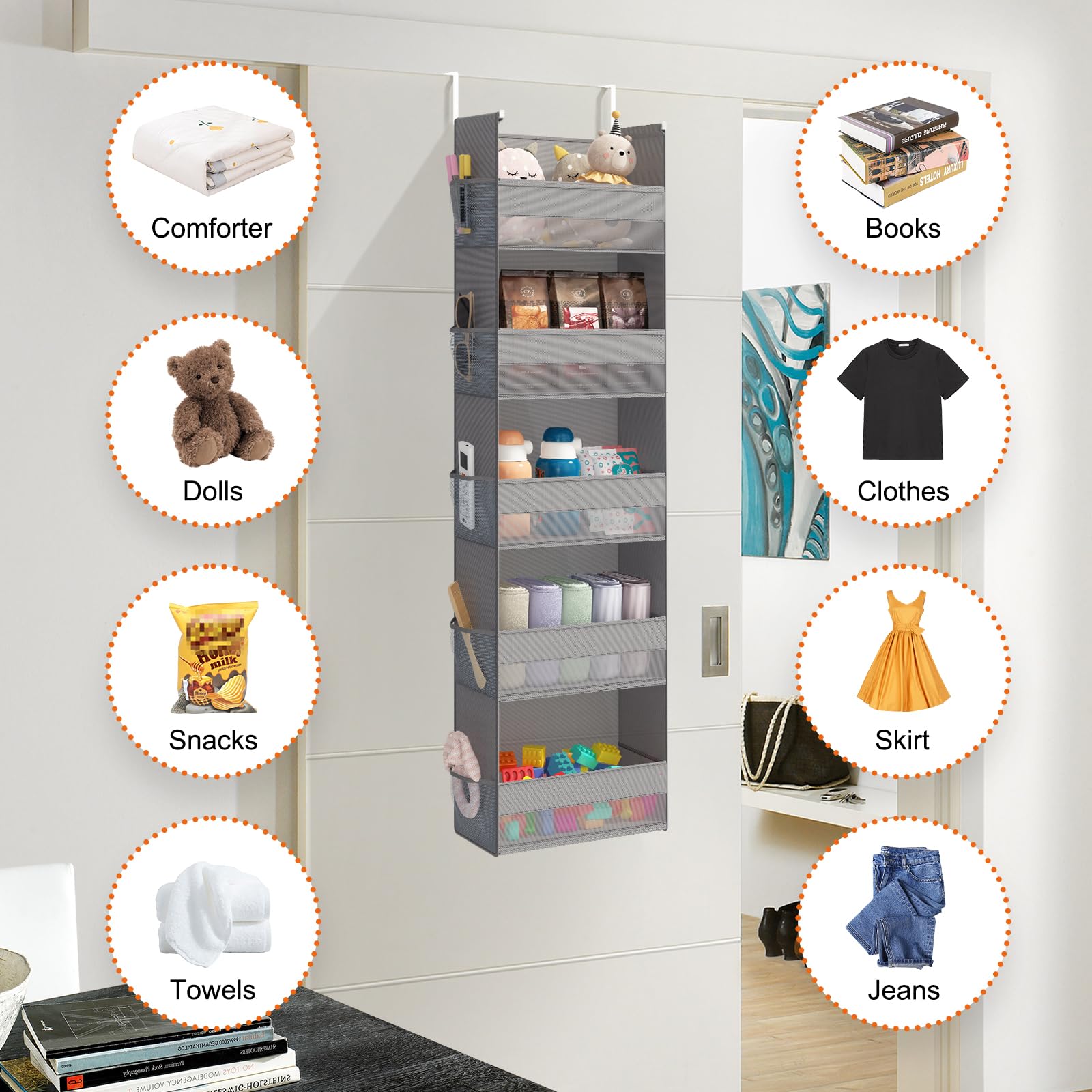 Fixwal Over The Door Hanging Organizer 5 Shelf Bathroom Organizers and Storage with 2 Large Metal Hooks and 12 Pockets for Bedroom, Living Room, Baby Nursery, Bathroom, Kitchen (Grey)