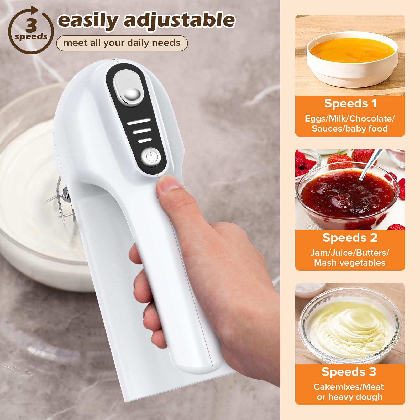 Simivon Rechargeable Hand Mixer - Portable Cordless Electric Mixer with One-Touch Ejector,2 Easy-to-Clean Stainless Steel Dough Hooks,2 Whisks for Easy Whipping, Stirring,Mixing,3 Speed,Pearl White