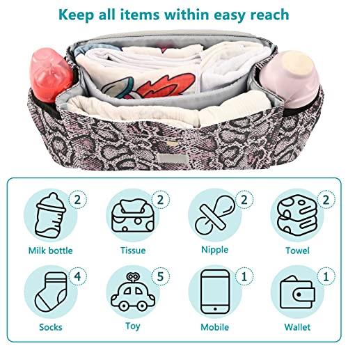 Kigai Pink Snake Print Baby Stroller Organizer with Cup Holders, Secure Hooks Accessories Adjustable Strap Stroller Bag for Bottle, Diaper, Phone, Toys, Baby Items