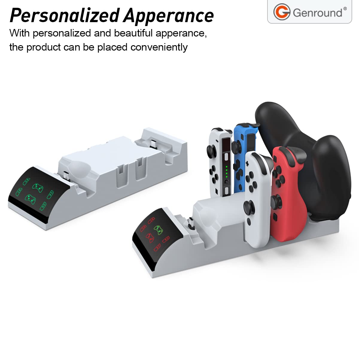 Genround PS4 Dualshocks Controller Charger Dock, Switch Charging Docking Station for Switch Joy Con Controllers/Pokeballs/SwitchOLED/PS4/PS4 Slim/PS4 Pro Controller, 6 Charging Sockets Type-C Powered