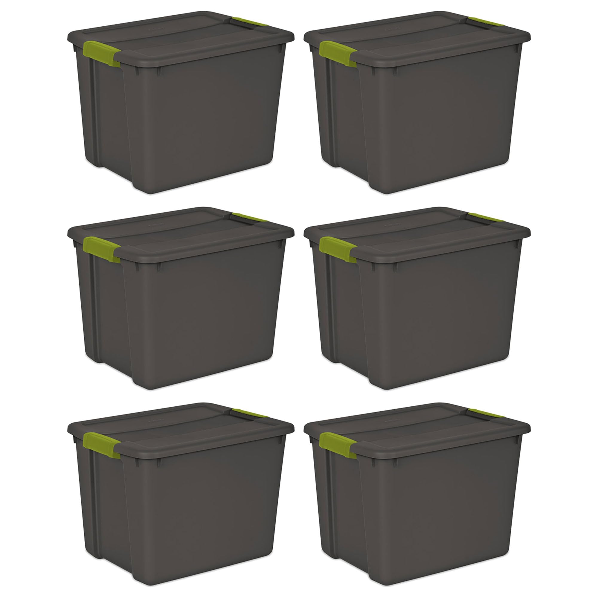 Sterilite 12 Gallon Rectangular Plastic Latching Tote Storage Container with Indexed Lid and Green Molded Handles for Home Organization, Gray, 6-Pack