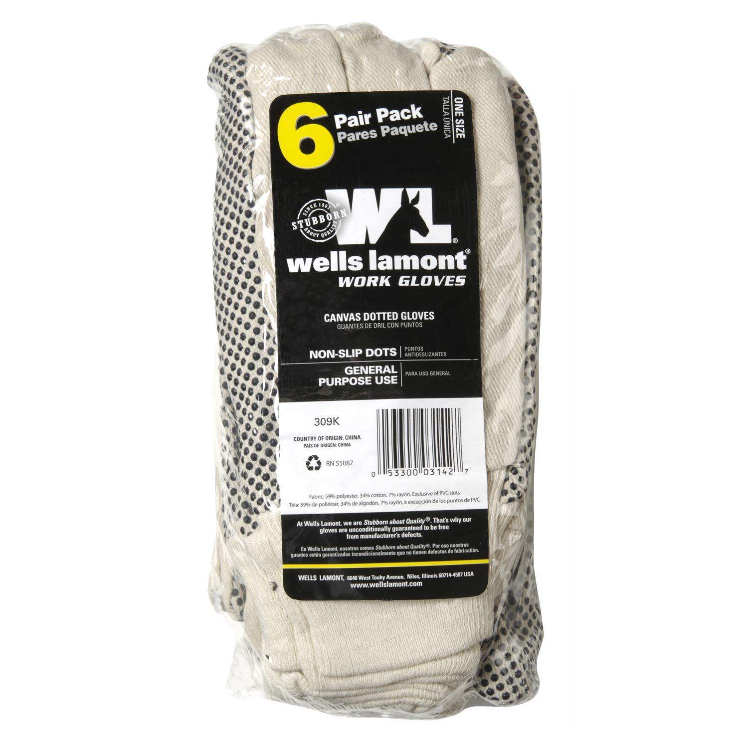 Wells Lamont Canvas Work Gloves, Economy Dotted, 6 Pair Pack (309K) , White