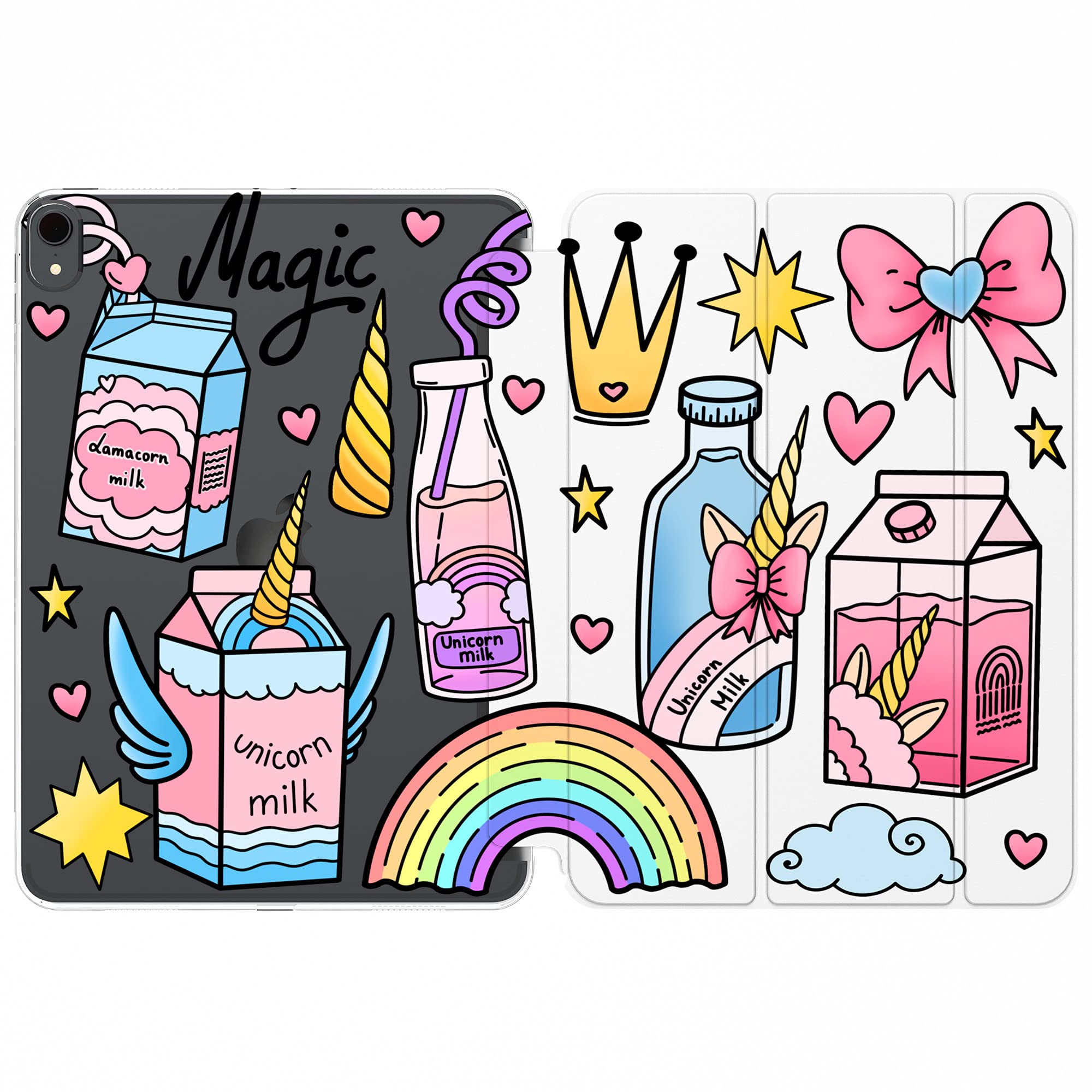 Loraw iPad Case Compatible with iPad Pro 11 inch 2021 2020 12.9 2018 10.2 9th 8th 7th Mini 5 6 Air 4 3 2 Milkshake Horn Stand Llamacorn Bow Rainbow Auto Wake/Sleep Unicorn Uni Print Protective Pink