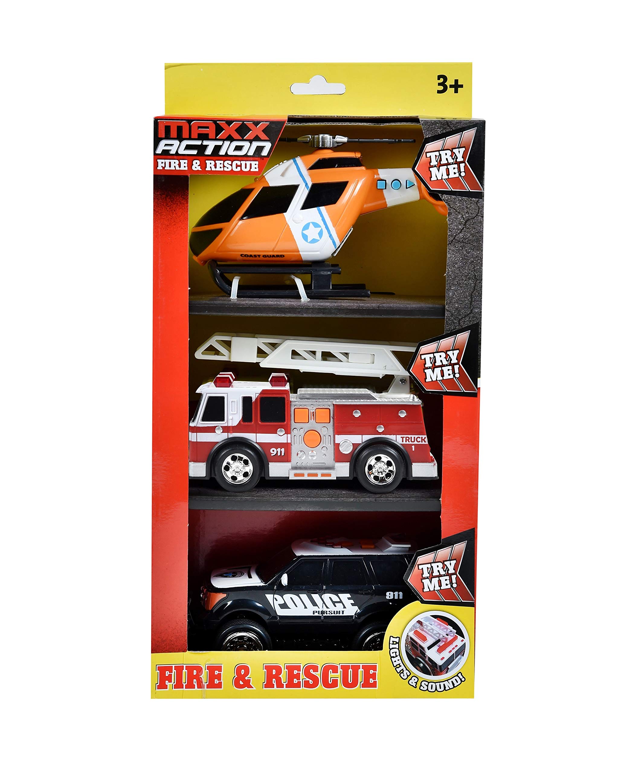 Sunny Days Entertainment Maxx Action Mini Rescue Vehicles 3 Pack | Rubber Tires | Lights & Sounds | 8 Assorted Styles | Helicopter - Fire Truck - Ambulance | Color & Style May Vary