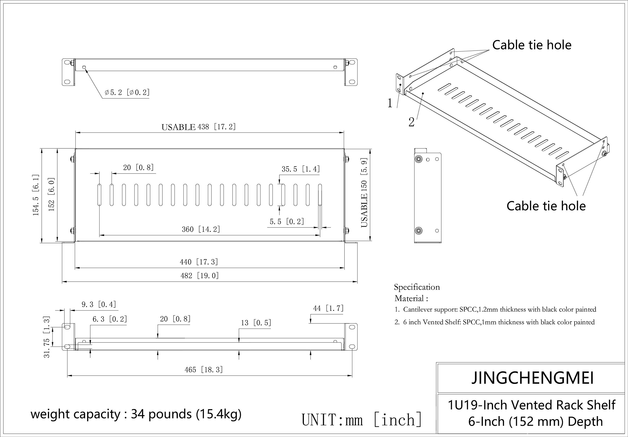 Jingchengmei 1U Disassembled Vented Cantilever Server Rack Mount Shelf 6"(152mm) Depth for 19-Inch Network/AV Equipment Rack and Cabinet(1U6V)