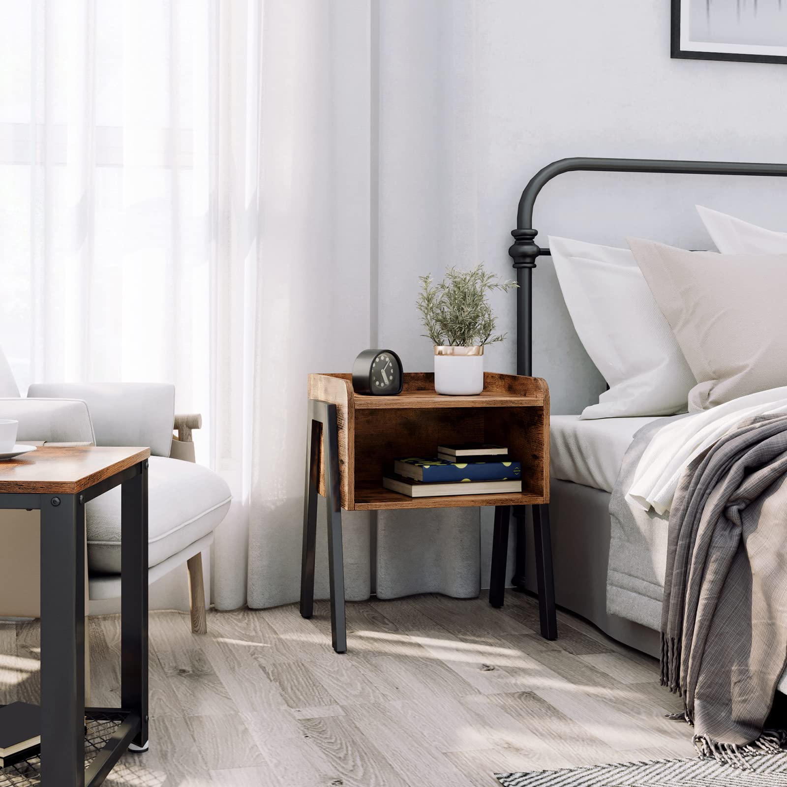 VASAGLE Side Table, End Table, Nightstand with Storage Compartment, Industrial Accent Furniture for Bedroom, Rustic Brown and Black ULET54X