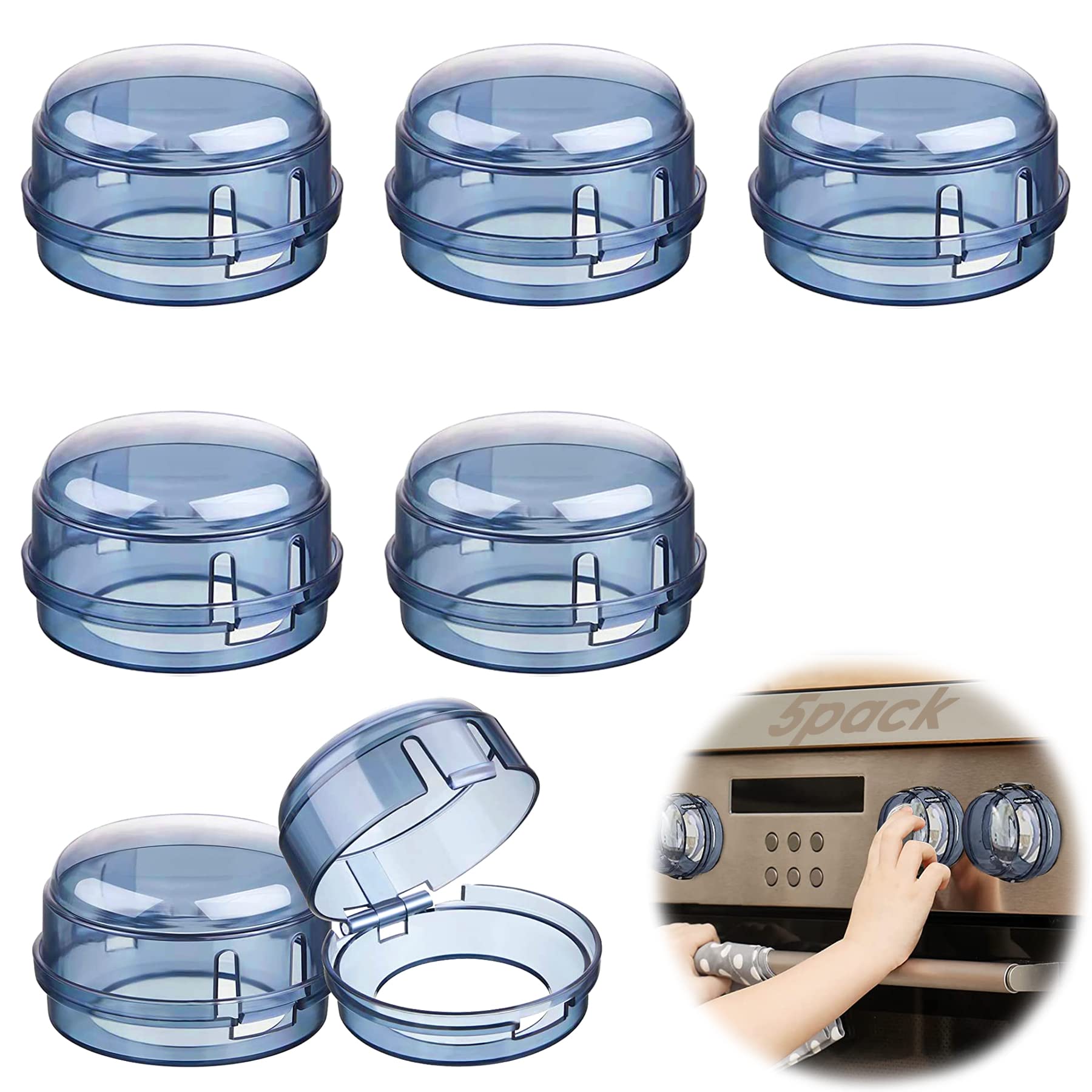 Zariocy 5 Pack Safety Stove Knob Covers, Black Clear Upgraded Unlock Safety Guards for Kitchen Gas and Oven, Stove Guard with Extra Adhesives, Large Universal Design to Protect Kitchen Security