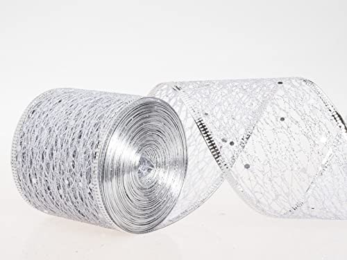 YASEO Silver Sparkling Glitter Mesh Ribbon, Christmas Wired Edge Ribbon for Home Decor and Xmas Tree, 2.5 Inches x 10 Yards
