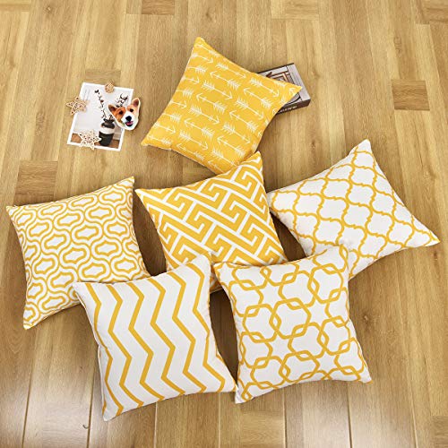 Yastouay Throw Pillow Covers Set of 6 Modern Decorative Throw Pillow Cases Geometric Pillow Covers Cushion Covers for Couch Sofa Bedroom Car (Yellow and White, 18 x 18 Inch)