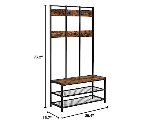 VASAGLE Large Coat Rack Stand, Coat Tree with 12 Hooks and Shoe Bench in Industrial Design, Hall Tree, Multifunctional Hallway Shelf, Office, Bedroom, Rustic Brown and Black UHSR86BX