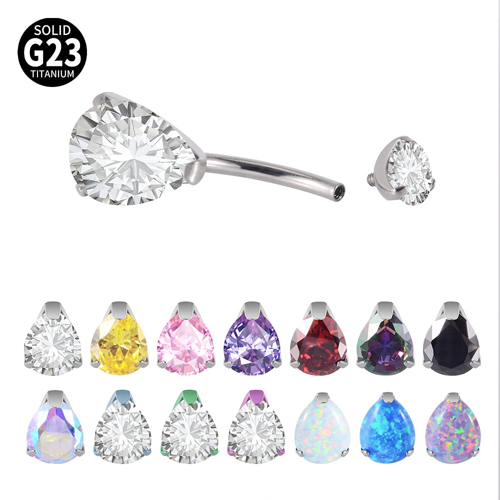 CHUANCI G23 Solid Titanium Belly Button Rings Prong Set Double Synthetical Opal&Zircon Belly Navel Piercing Rings 14G Belly Piercings (1PC Silver Opal 17)