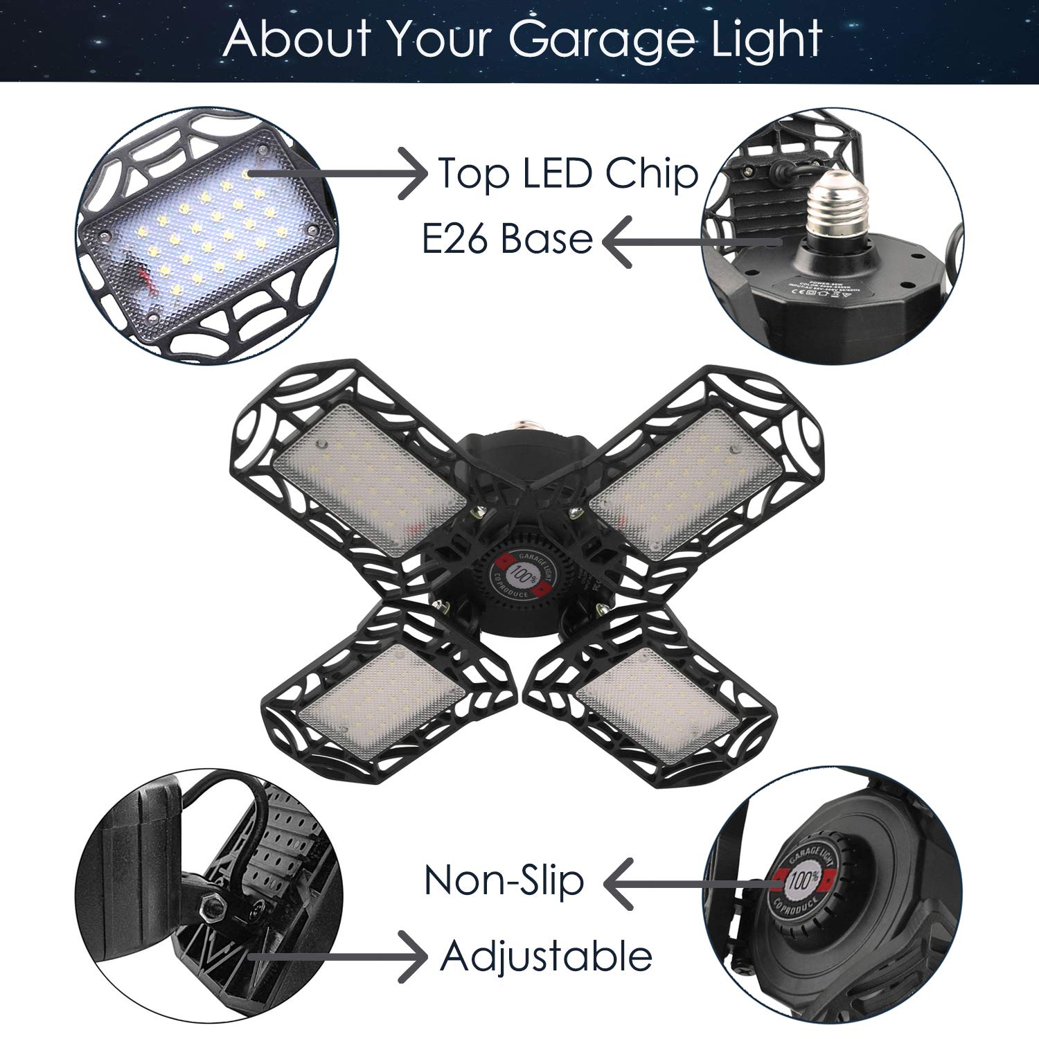 LED Garage Lights 120W - 12000LM 6000K Garage Ceiling Lights LED Four-Leaf Deformable LED Garage Lighting Fixture, LED Shop Light with Adjustable Multi-Position Panels, for Garage, Workshop