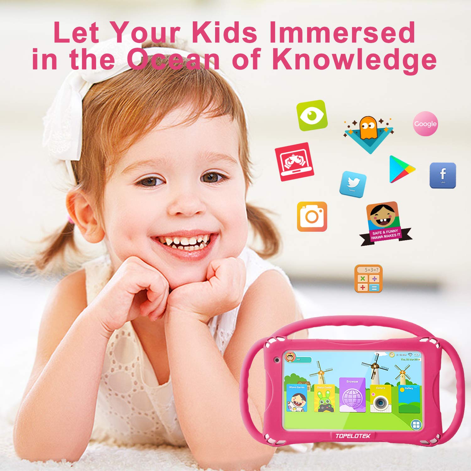 TOPELOTEK Kids 7.0 Inch Tablet with 32GB Storage, 1.6GHz Quad-Core CPU, Android 9.0, Wifi, Bluetooth, Cameras, 4000mAh Battery, 3-Hand Silicone Case, Adjustable Stand