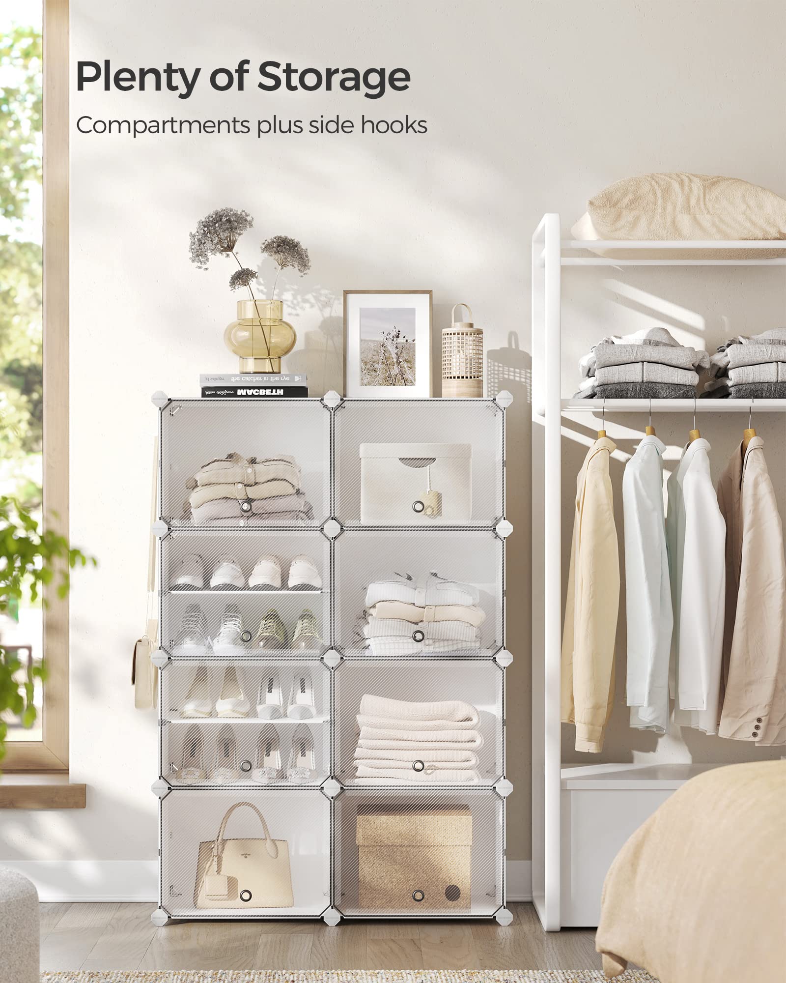 SONGMICS Shoe Rack, 8 Cubes Shoe Organizer with Doors, 32 Pair Plastic Shoe Storage Cabinet, for Bedroom, Entryway, Steel Frame, Plastic Panel, White ULPC034W01