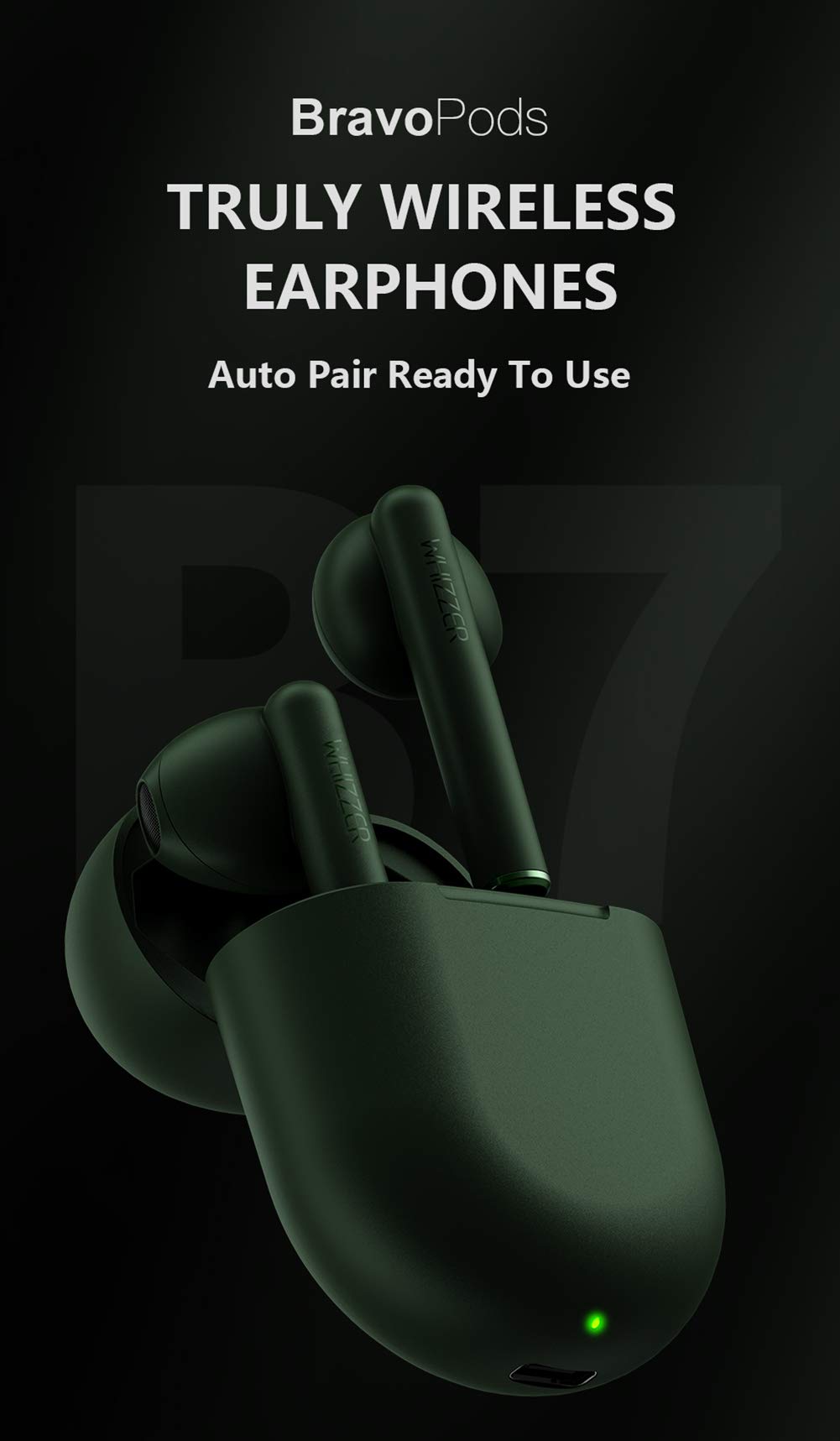 True Wireless Half-Inear Bluetooth Headphones, WHIZZER-B7 Bluetooth 5.0 TWS HiFi Stereo Dual-Core Earbuds with Wireless Charging Case, Lightweight IPX5 Waterproof Headsets w/Mic for Sports (Green)