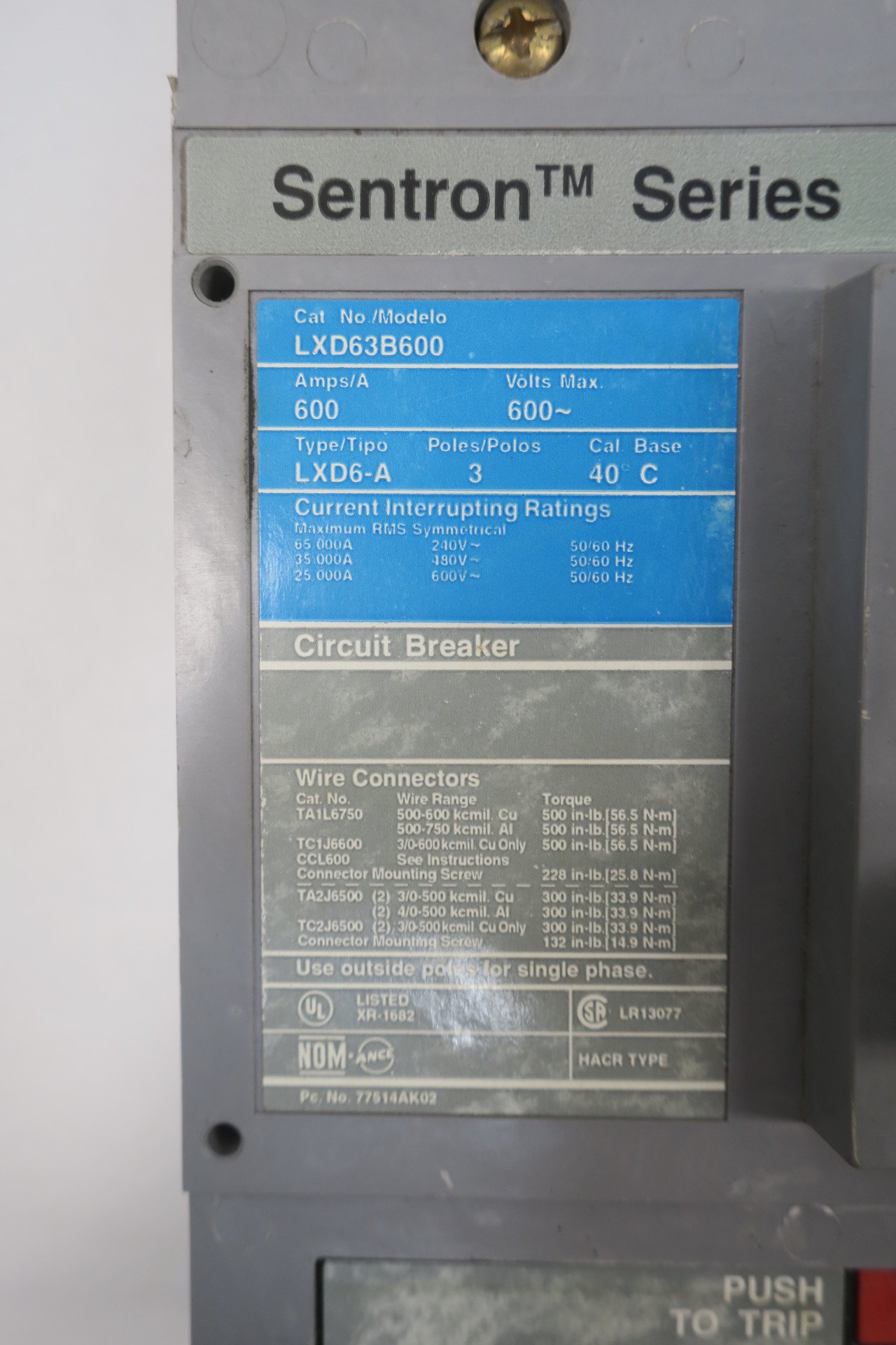 SIEMENS LXD63B600 SENTRON MOLDED CASE CIRCUIT BREAKER 600A 3P 600V-AC D594193