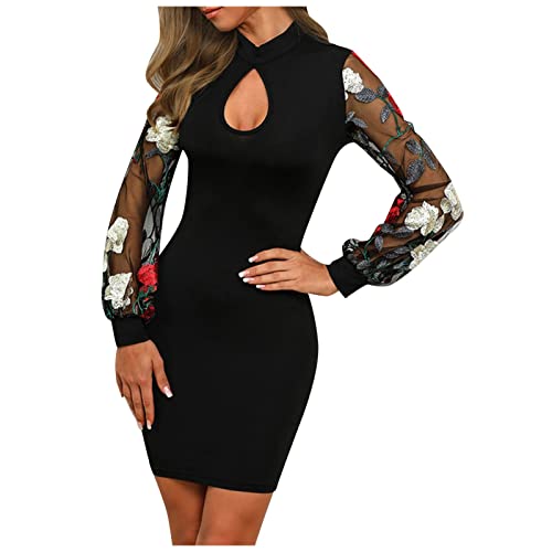 Floral Mesh Long Sleeve Wrap Dress Womens Hole Crewneck Patchwork Slim Mini Dress Printed Elegant Prom Dress Black