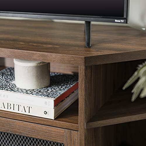 Walker Edison Modern Metal Mesh and Wood Corner TV Stand for TV's up to 55", 48 Inch, Dark Walnut