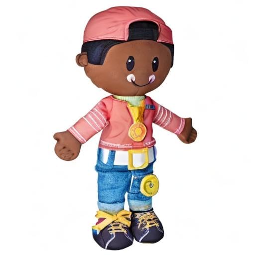 Playskool Dressy Kids Doll with Black Hair and Hat, Activity Plush Toy with Zipper, Shoelace, Button, for Kids Ages 2 and Up (Amazon Exclusive)