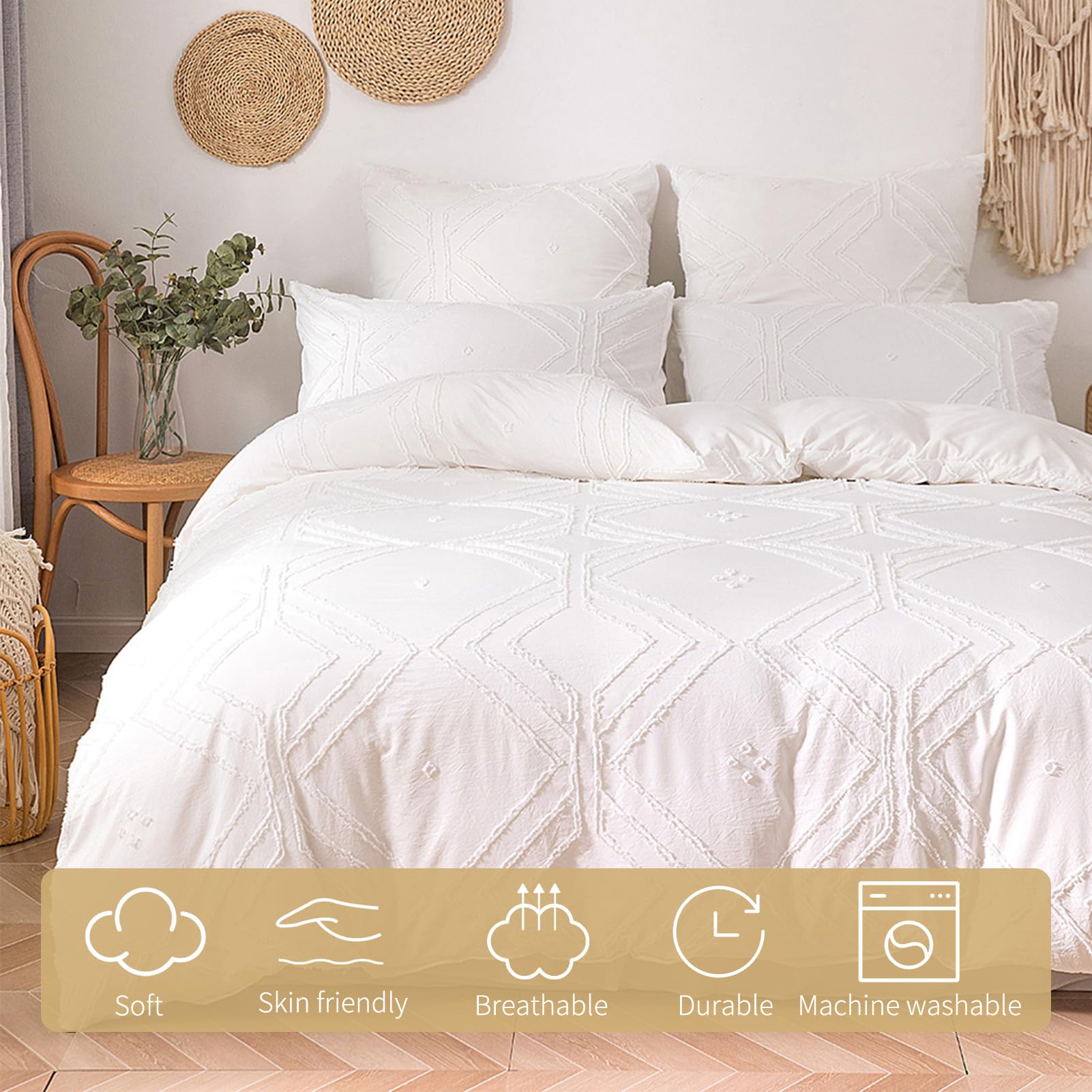 Rvciby Women White Boho Duvet Cover Queen,3PCS Soft Microfiber Bedding Set,Boho Textured,Rhombus Geometric Pattern Duvet Cover with Corner Ties & Zipper Closure (90"x90"-1 Duvet Cover,2 Pillow Cases)