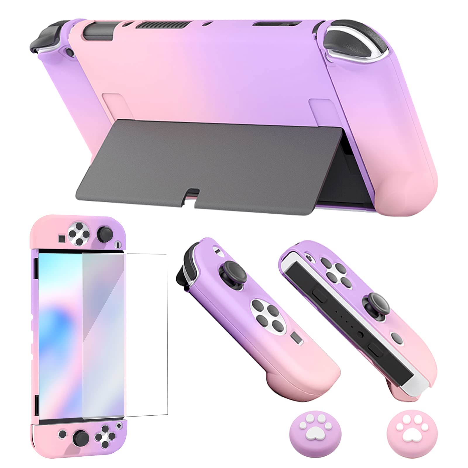 Switch OLED Protective Case for Nintendo Switch OLED Model 2021, Dockable Case Compatible with Switch OLED and Joy-Con Controller Grip Case with Screen Protector & 2 x Thumb Grip Caps,Purple and Pink