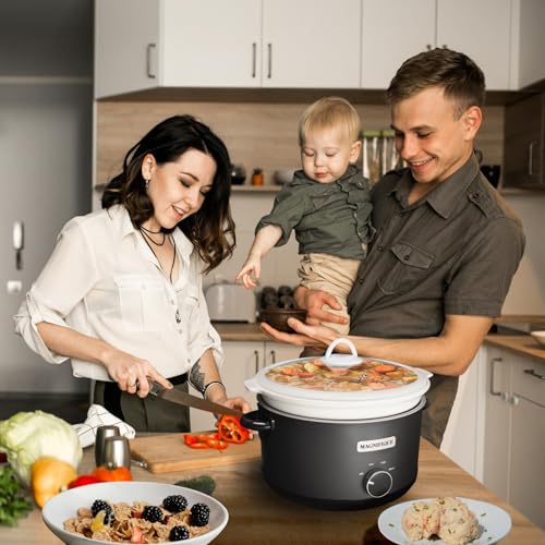 Magnifique 5 Quart Slow Cooker Round Manual Pot Food Warmer with 3 Cooking Settings, Stainless Steel Black and White Ceramic pot