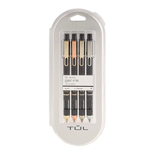 TUL GL Series Retractable Gel Pens, Mixed Metals, Medium Point, 0.7 mm, Black Barrel, Black Ink, Pack of 4 Pens